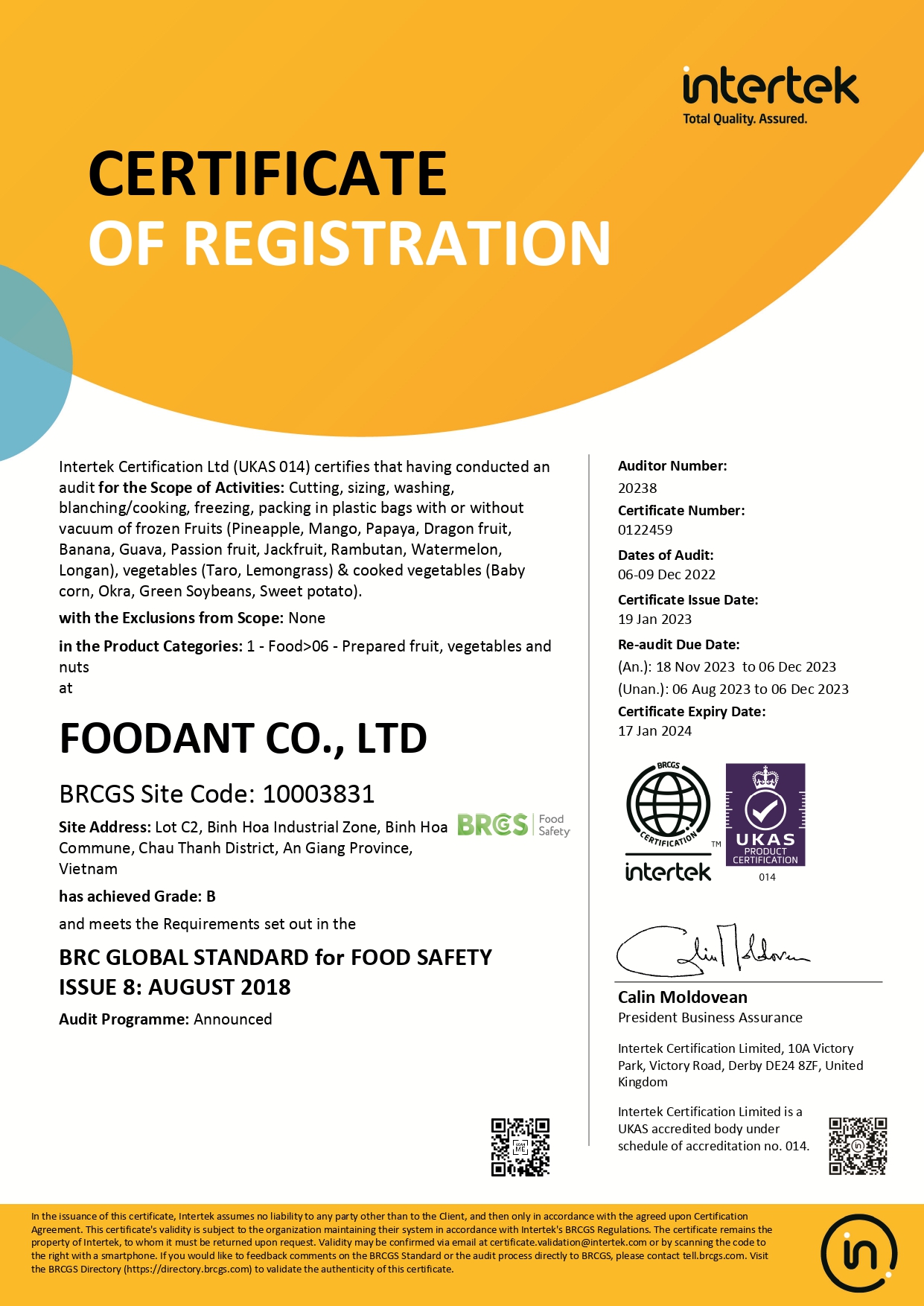 BRCGS CERTIFICATE FOODANT CO LTD BRCGS CERTIFICATE FOODANT CO LTD